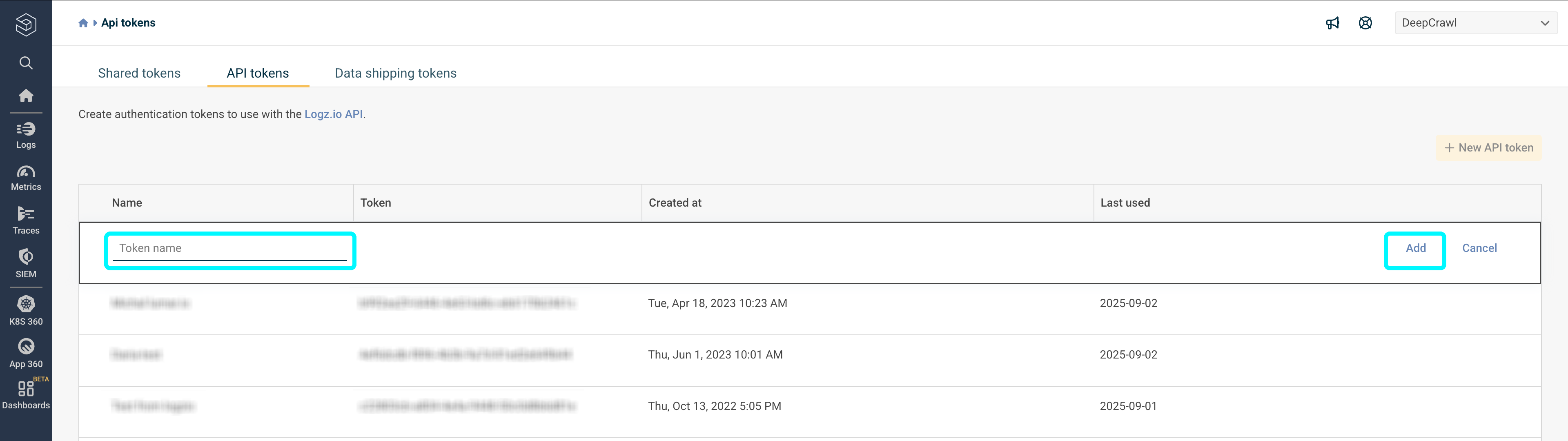 Create a New API Token in Logz.io – Lumar